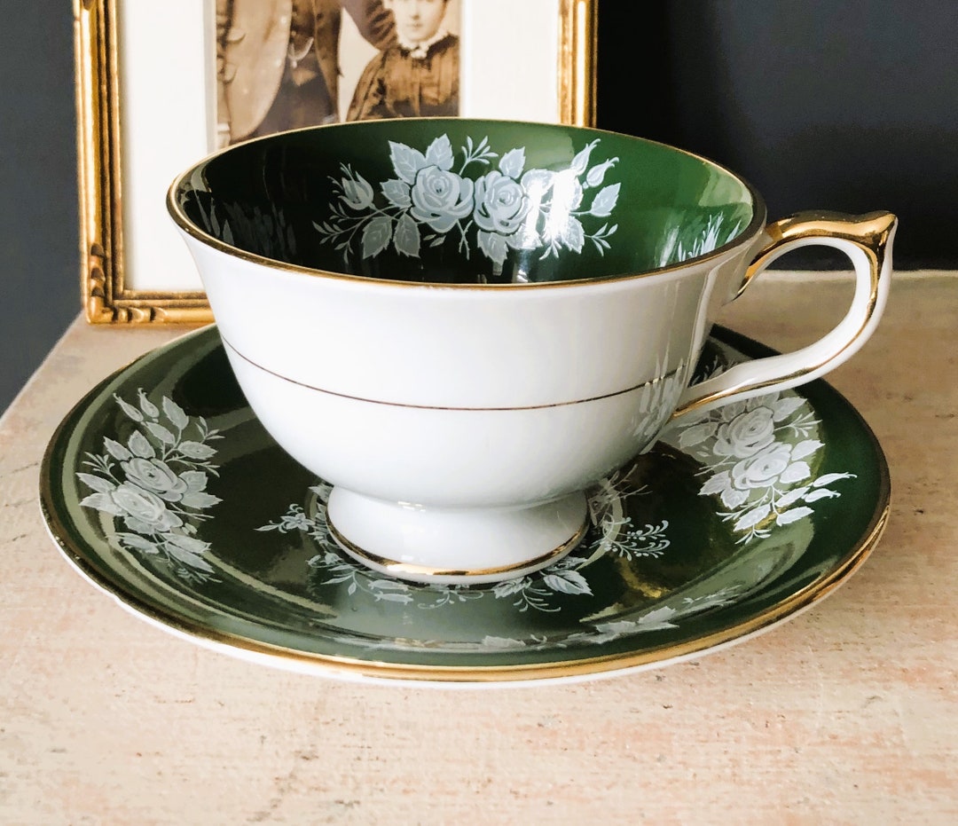 Green Floral China Tea Cup and Saucer by Aynsley / Fine English Gilded ...