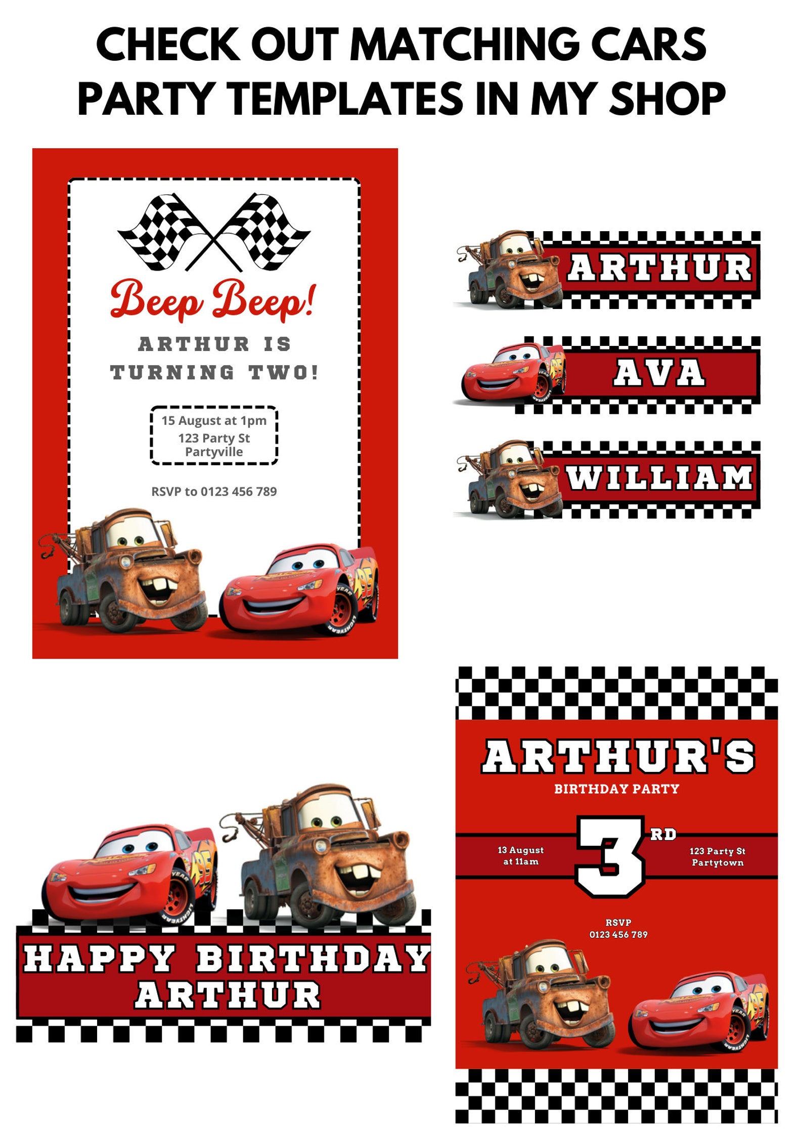 DIGITAL FILE Cars Name Tags | Birthday Party Labels | Personalised Name ...