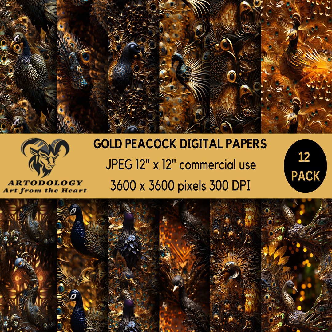 Gold Peacock Digital Paper, Unique Sculpture Animal Pattern, Vibrant ...