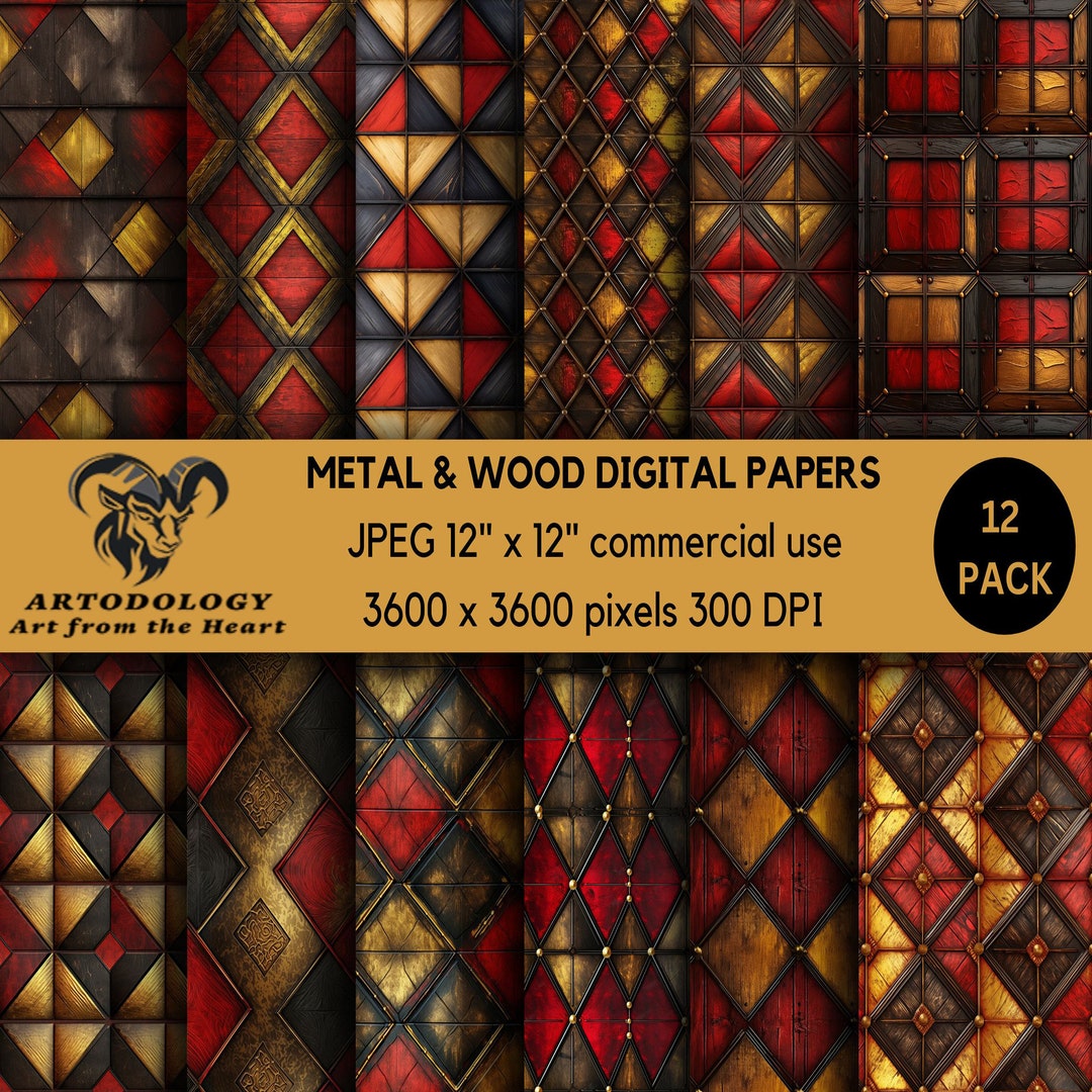 Geometric Digital Paper, Unique Wooden Pattern, Gold Red Printable ...