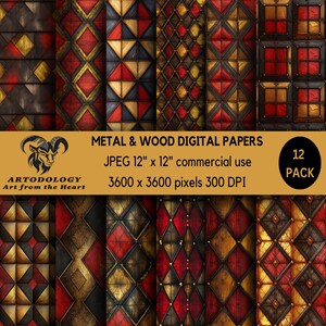 Geometric Digital Paper, Unique Wooden Pattern, Gold Red Printable ...