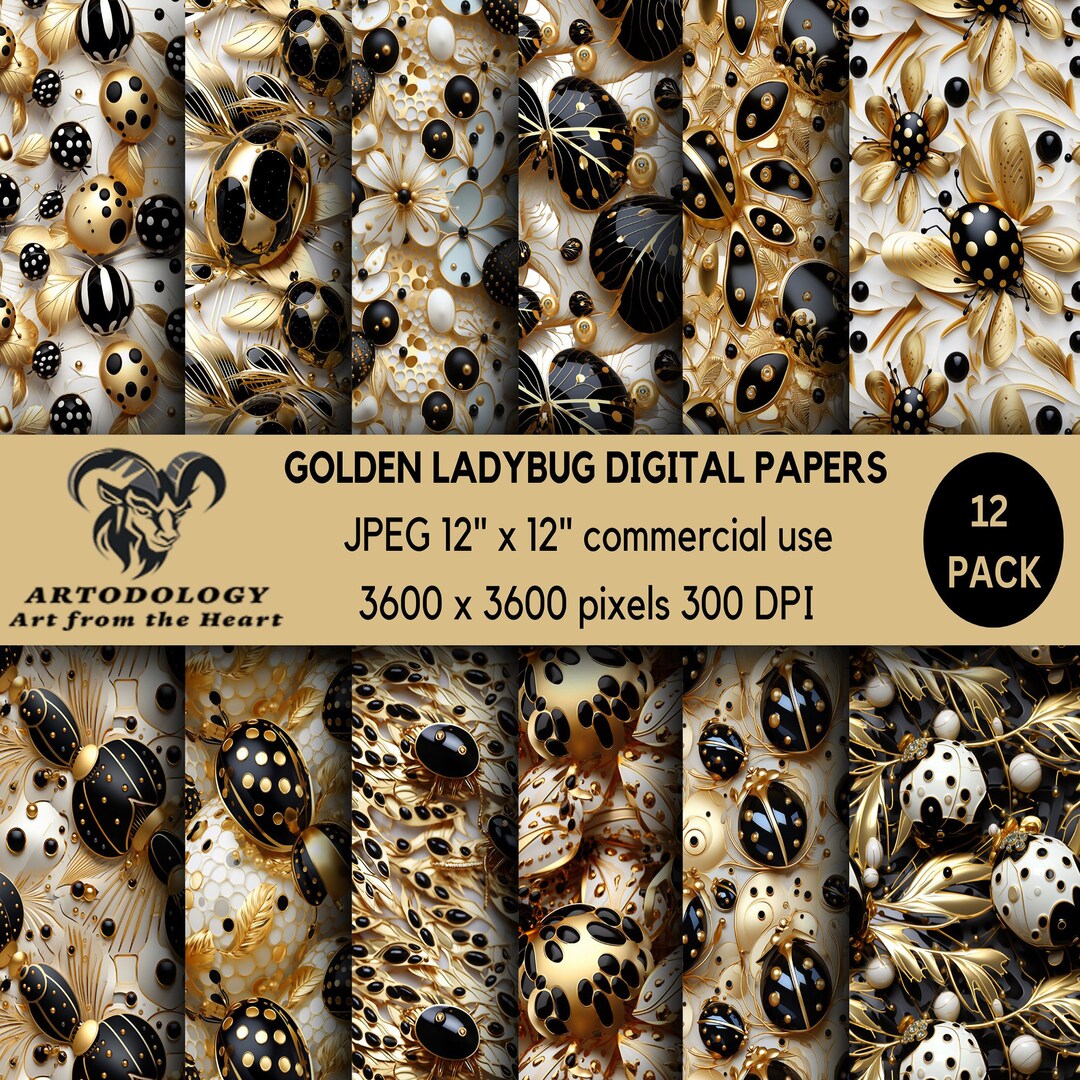 Luxury Golden Digital Paper, Unique Abstract Ladybug Pattern, Vibrant ...