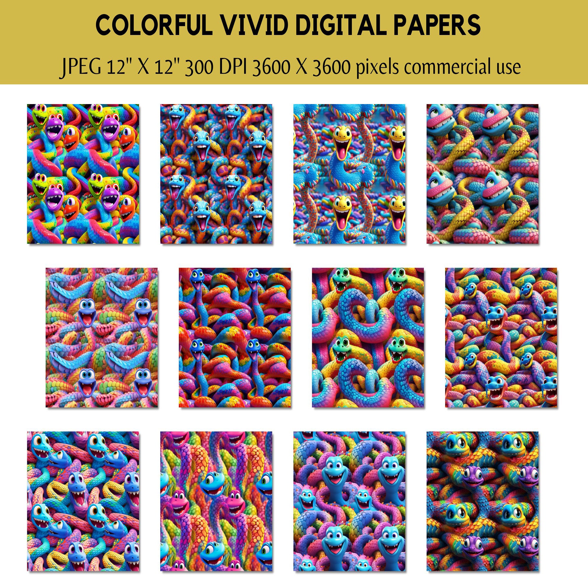 Animated Snake Digital Paper, Unique Animal Pattern, Colorful Animation ...