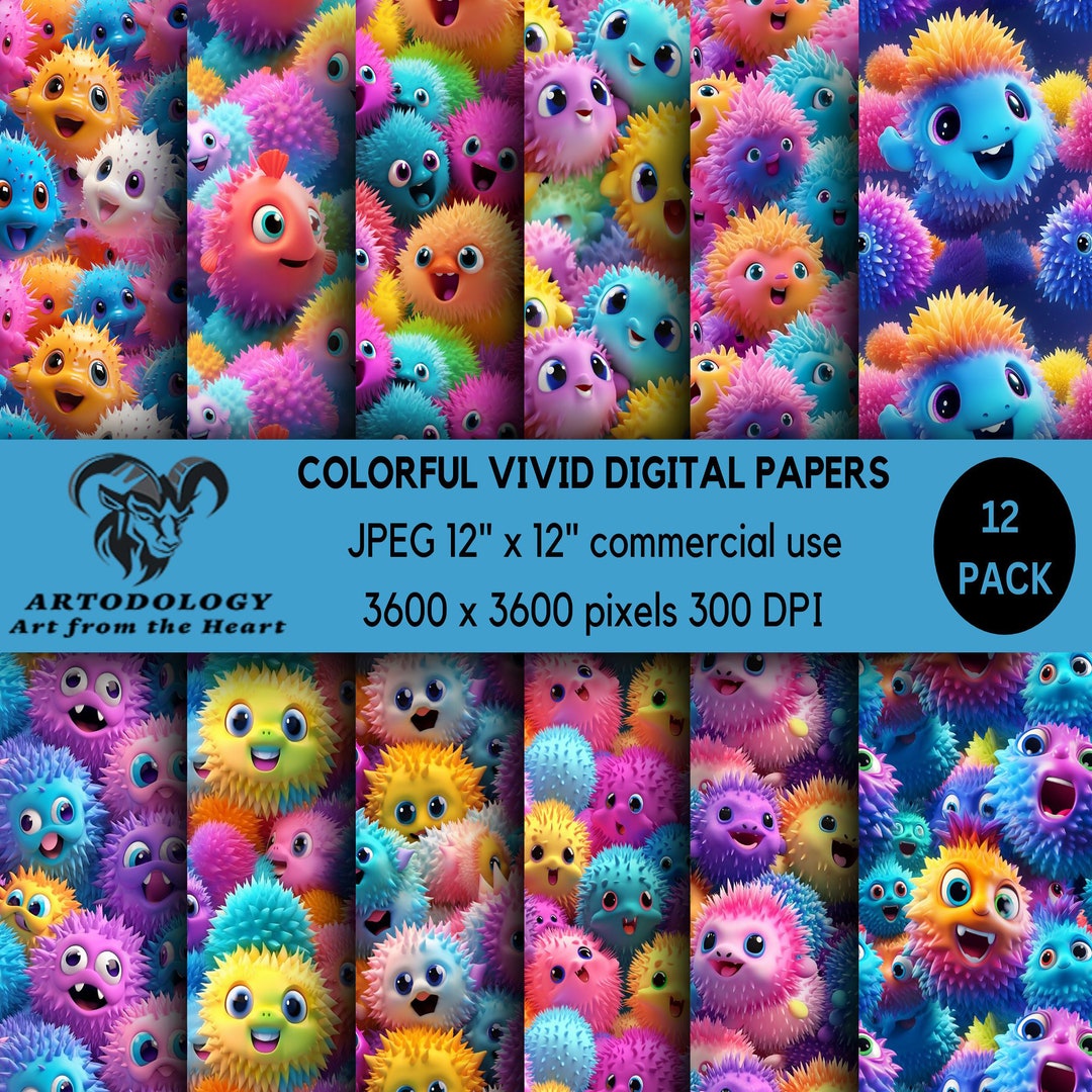 Animated Puffer Fish Digital Paper, Unique Animal Pattern, Vivid ...