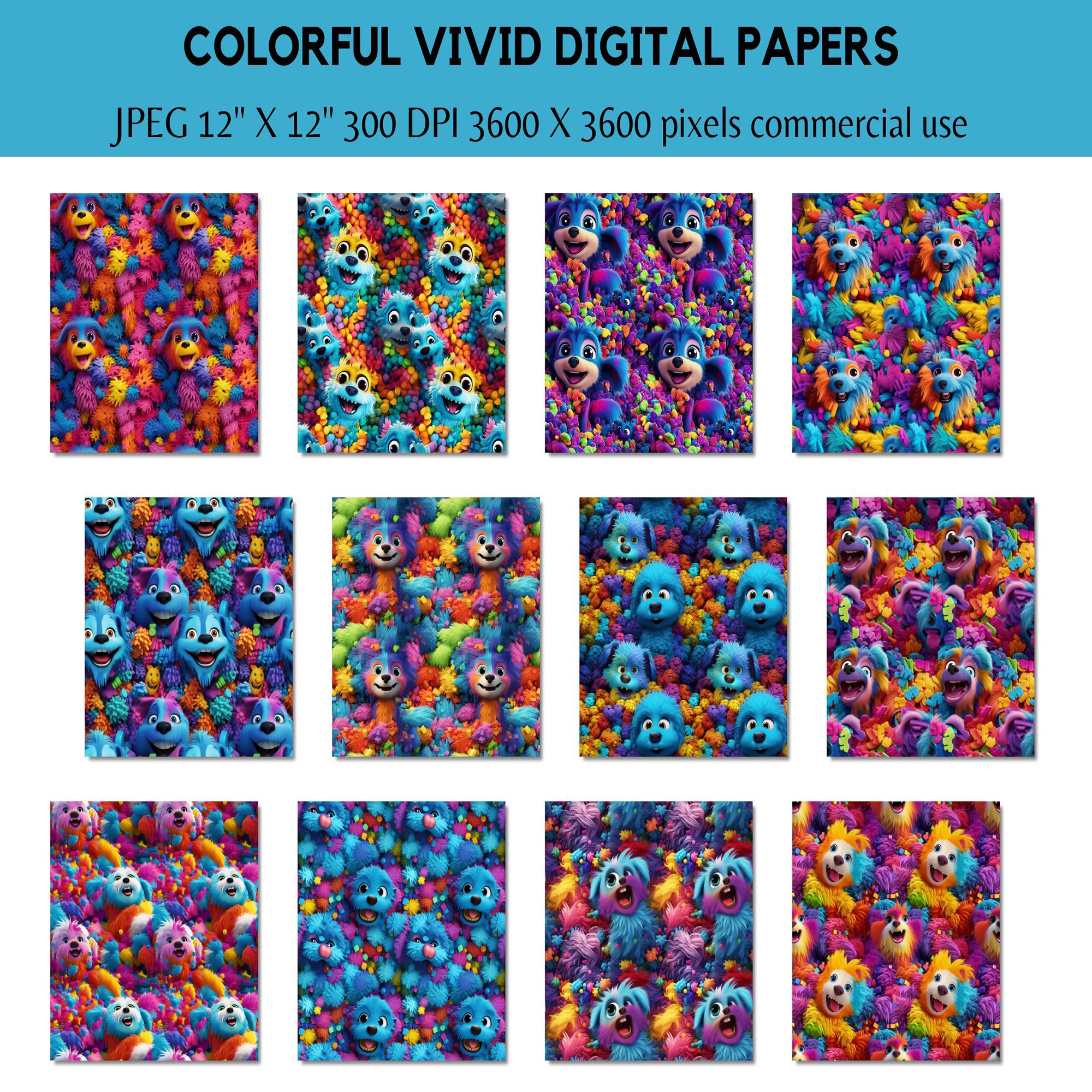 Animated Puppy Digital Paper, Unique Animal Pattern, Vibrant Dog ...