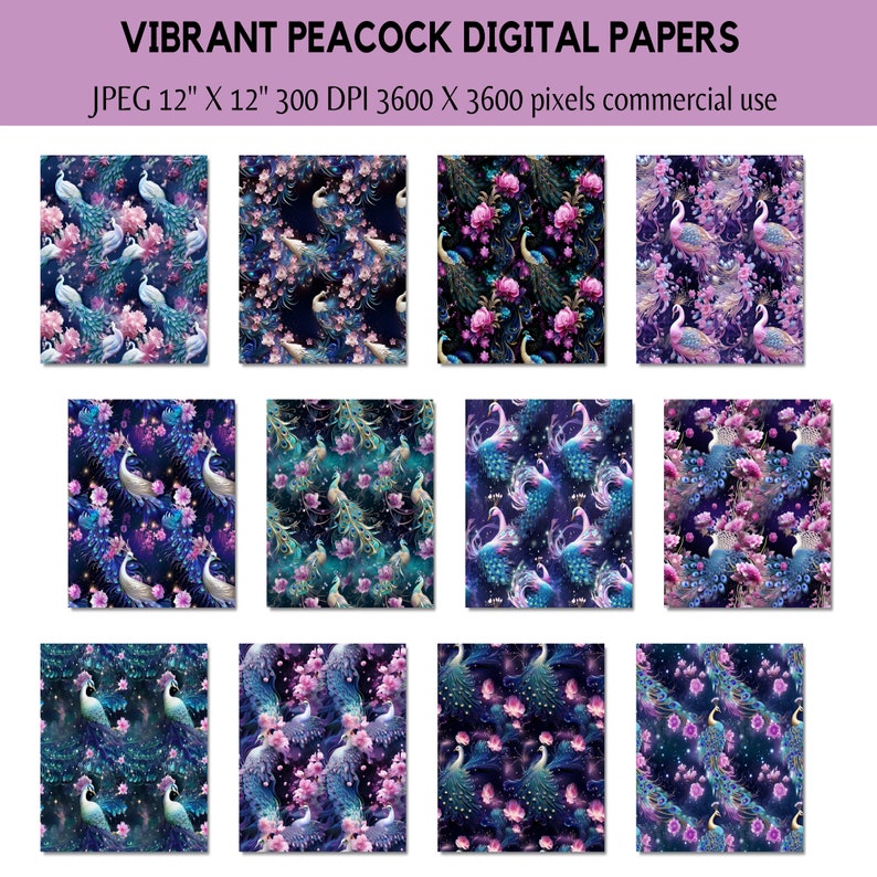 Vivid Peacock Digital Paper, Unique Animated Animal Pattern, Vibrant ...