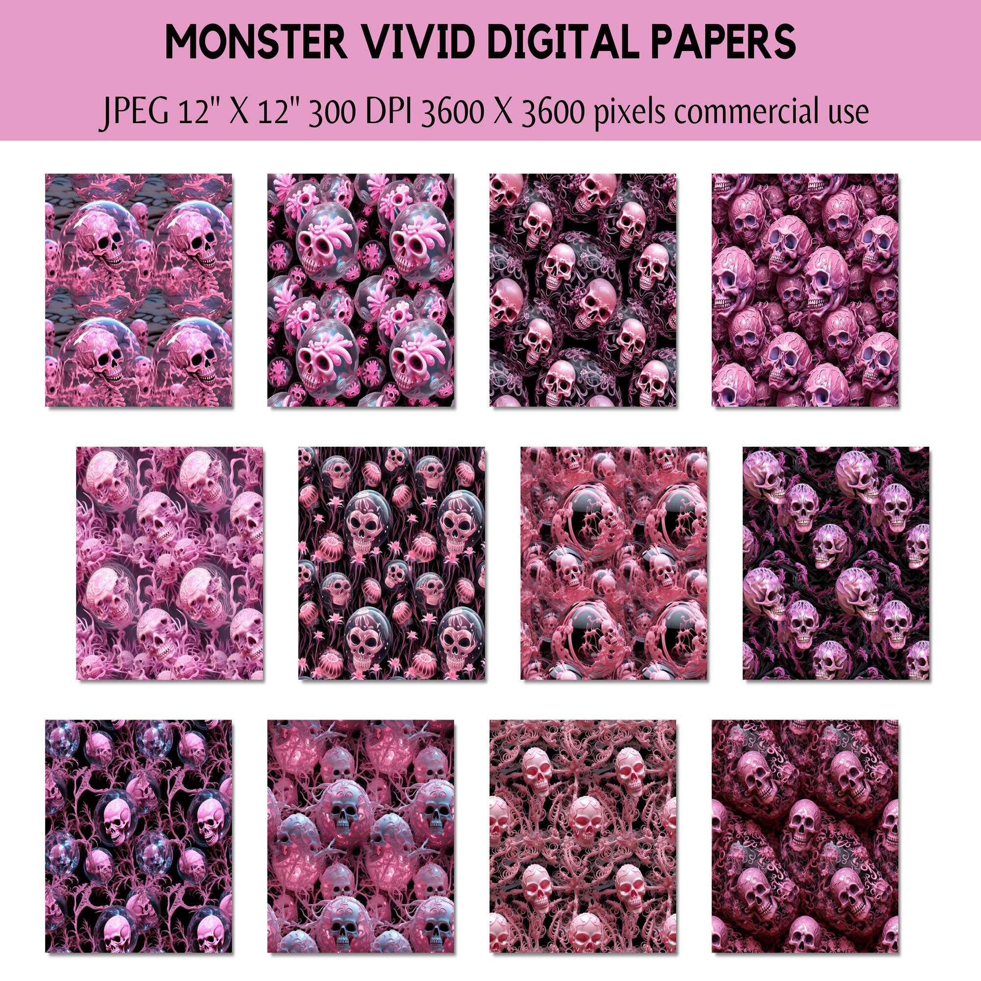Unique Digital Paper, Vibrant Skeleton Pattern, Vivid Black Pink Neon ...