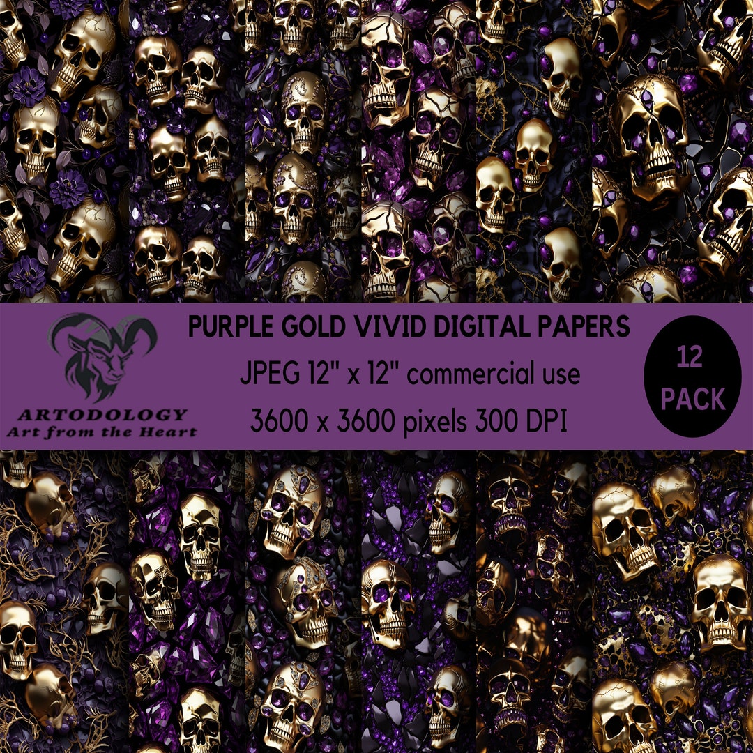 Unique Gothic Digital Paper, Gold Purple Skull Pattern, Vivid Golden Printable Papers, Seamless ...