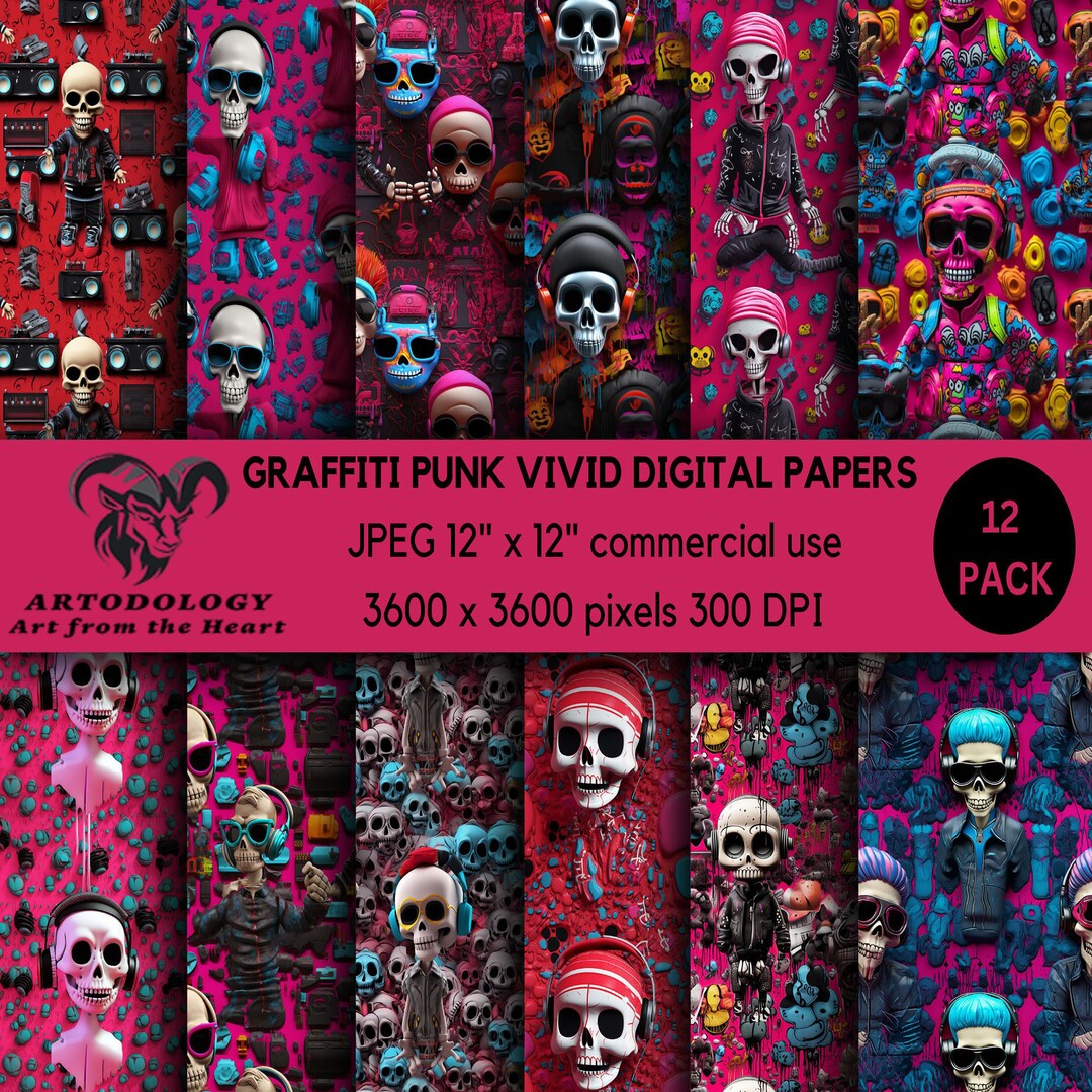 Graffiti Digital Paper, Figurative Skeleton Pattern, Unique Punk Skull ...