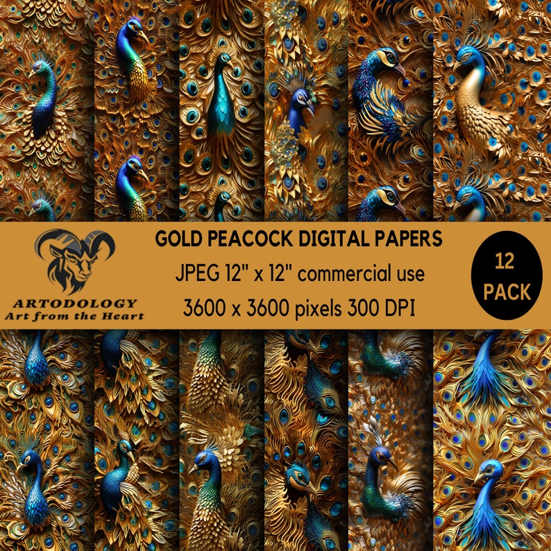 Metal Peacock Sculpture Digital Paper, Unique Gold Animal Pattern ...