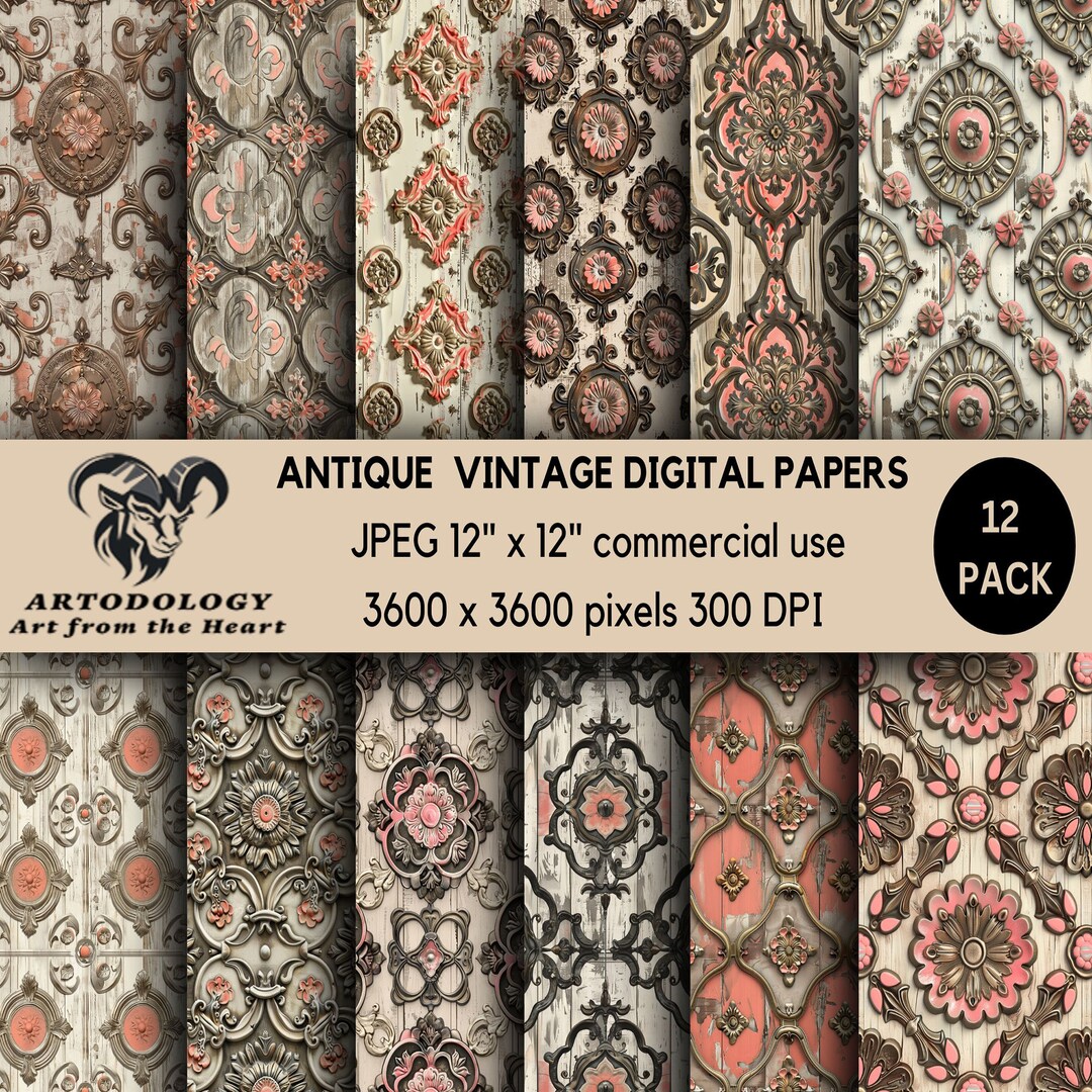 Antique Retro Digital Paper, Vintage Pink Pattern, Vivid Printable ...