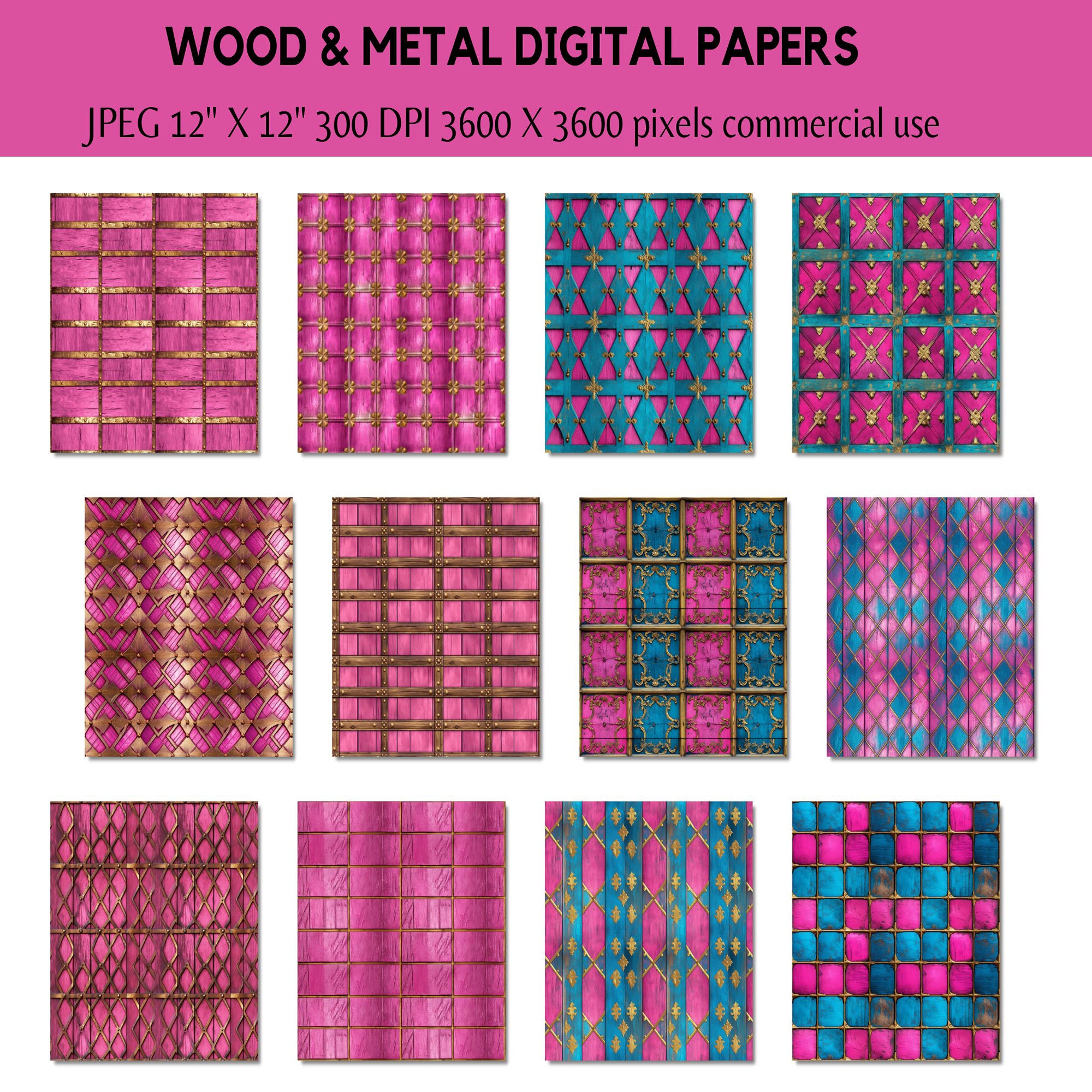Pink Blue Vintage Digital Paper, Geometric Pattern, Printable Papers ...