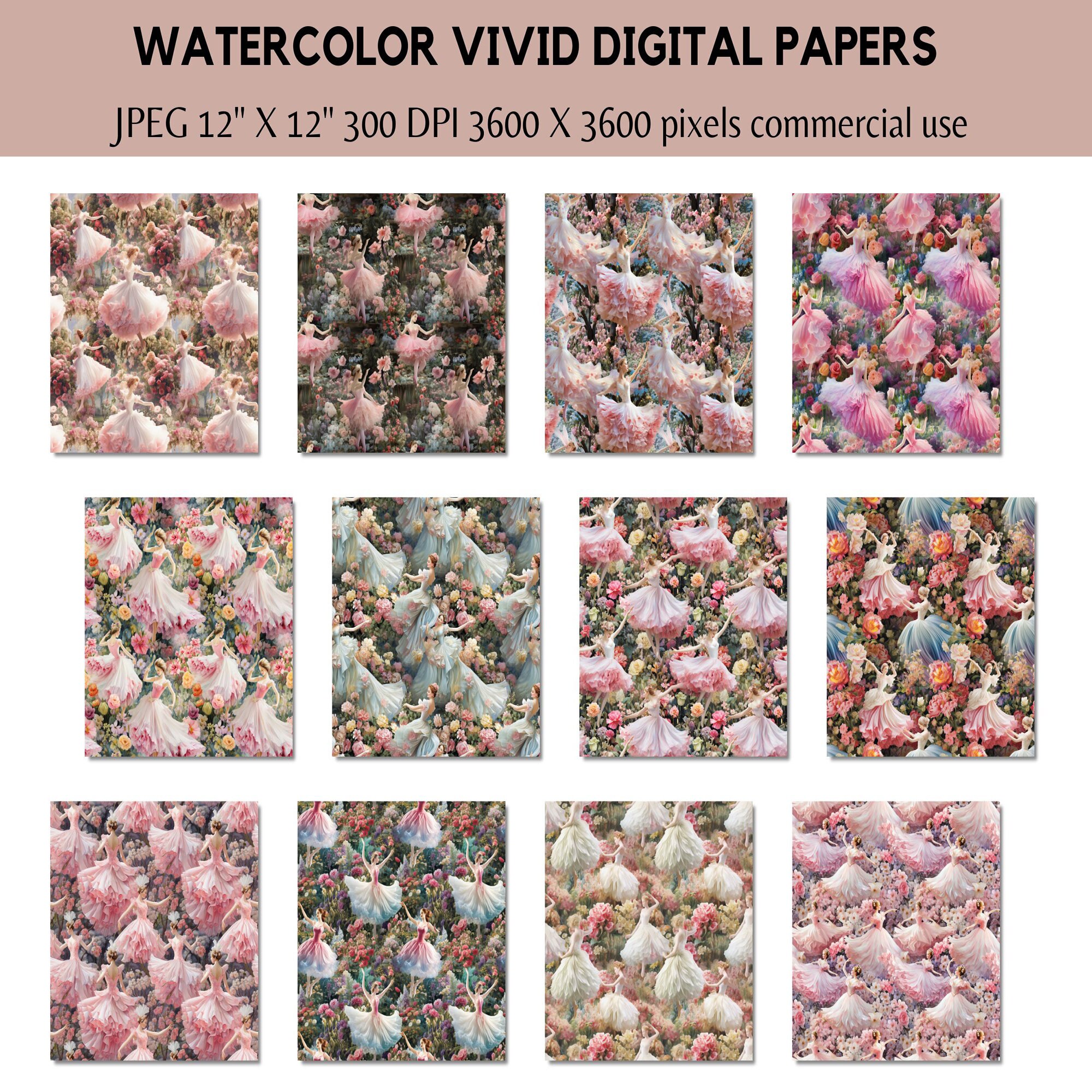Animated Ballerina Digital Paper, Unique Figurative Pattern, Vivid ...