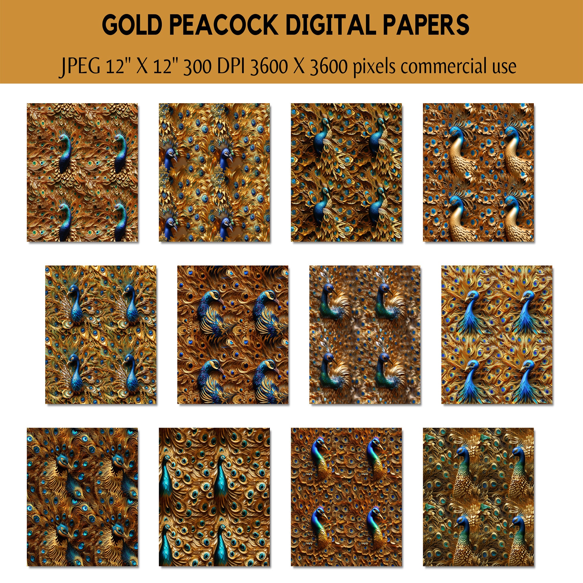 Metal Peacock Sculpture Digital Paper, Unique Gold Animal Pattern ...