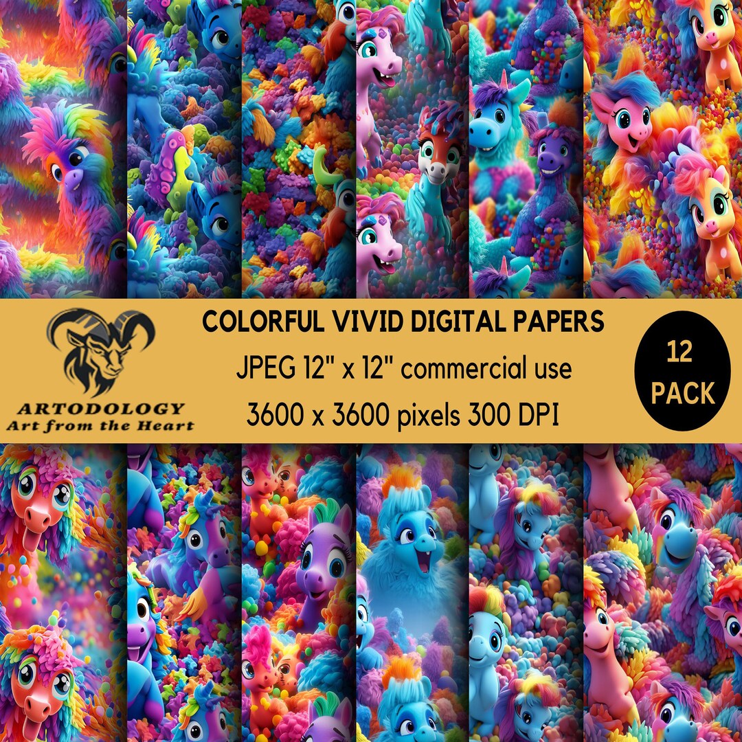 Animated Pony Digital Paper, Unique Animal Pattern, Vibrant Horse ...
