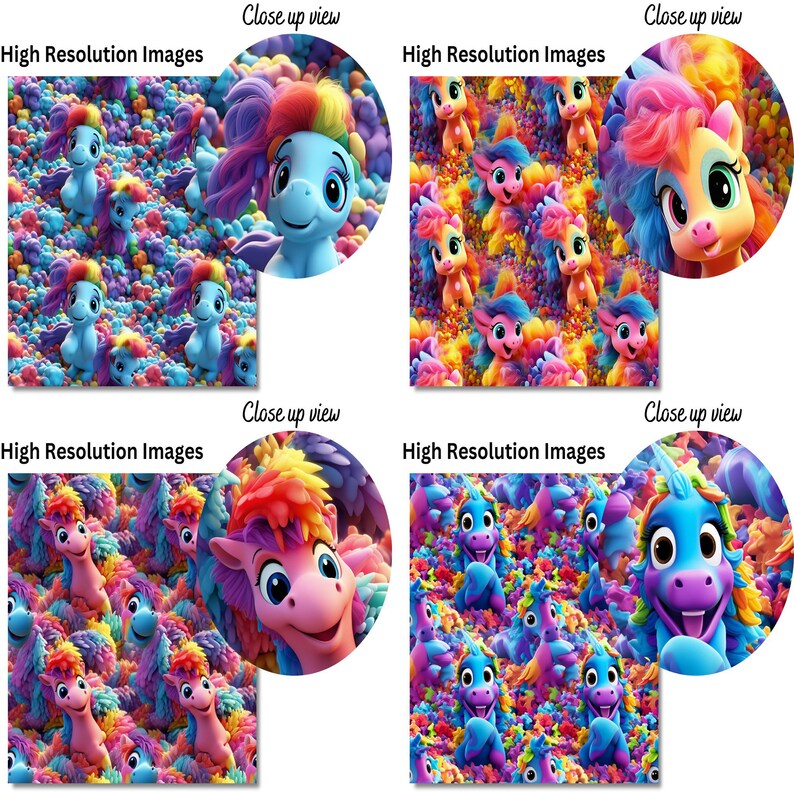 Animated Pony Digital Paper, Unique Animal Pattern, Vibrant Horse ...
