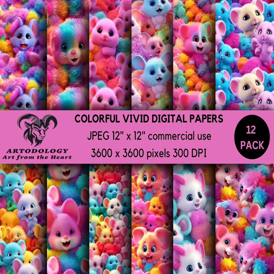 Animated Mouse Digital Paper, Unique Animal Pattern, Colorful Animation ...