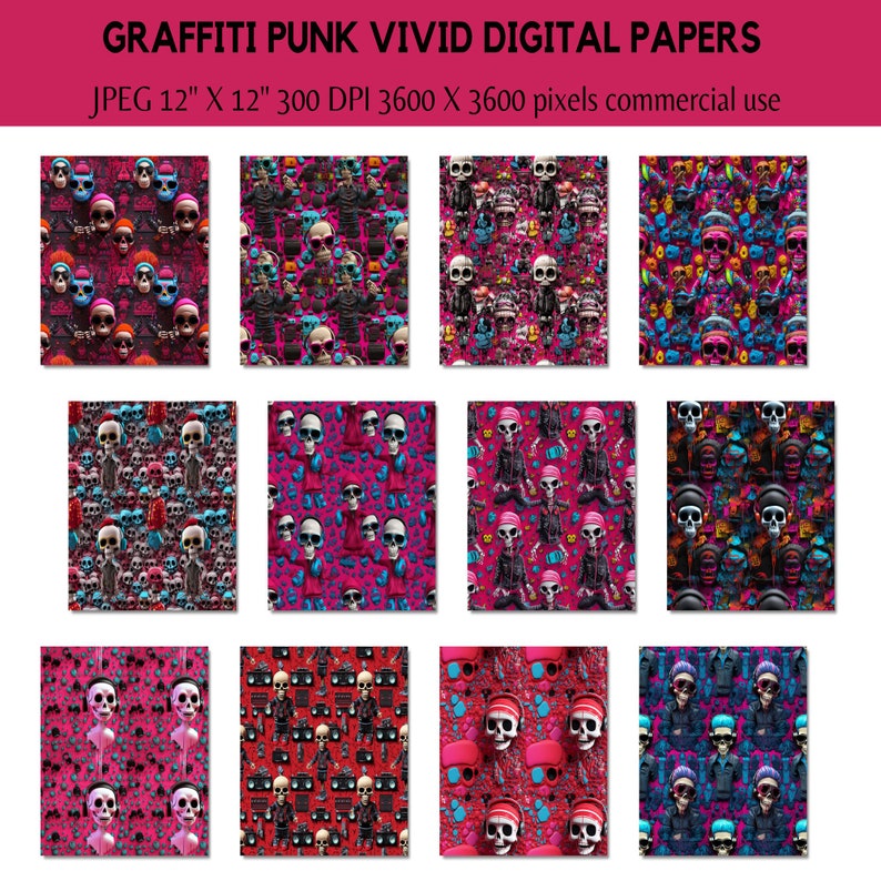 Graffiti Digital Paper, Figurative Skeleton Pattern, Unique Punk Skull ...