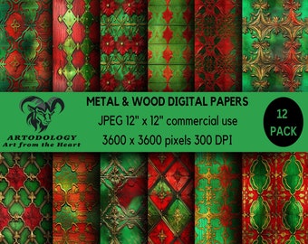 Geometric Digital Paper, Unique Wooden Pattern, Gold Red Printable ...