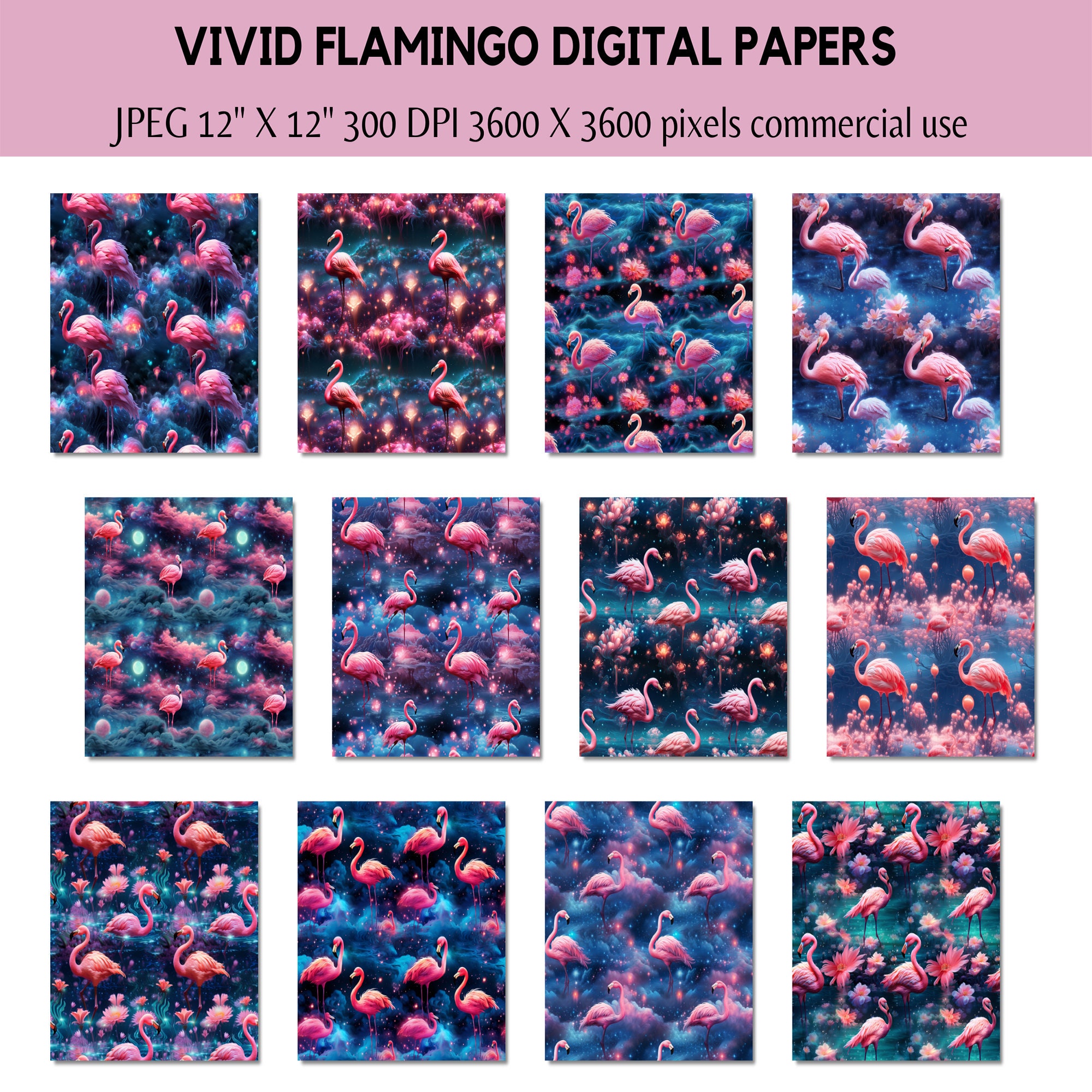 Pink Flamingo Digital Paper, Unique Bird Animal Pattern, Vibrant ...