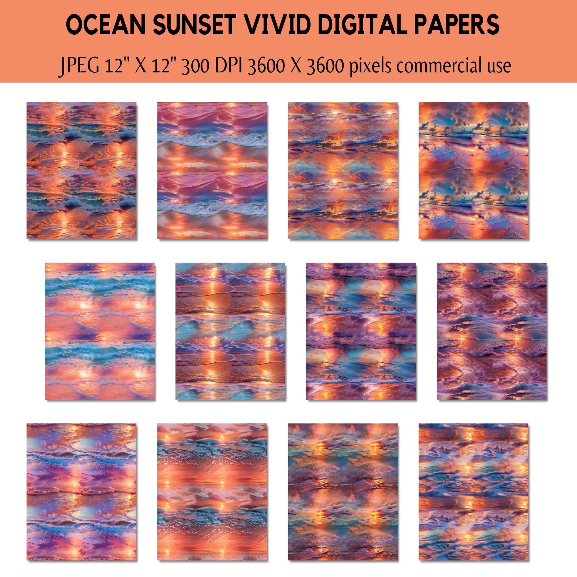Unique Digital Paper, Golden Sunset Landscape Pattern, Downloadable ...
