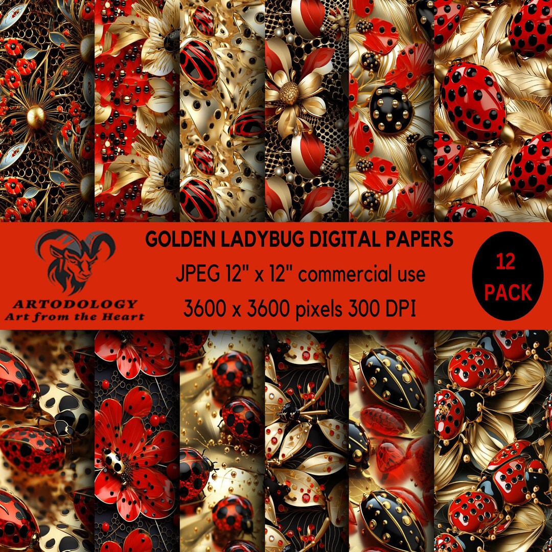 Golden Abstract Digital Paper, Unique Gold Red Ladybug Pattern, Vibrant ...