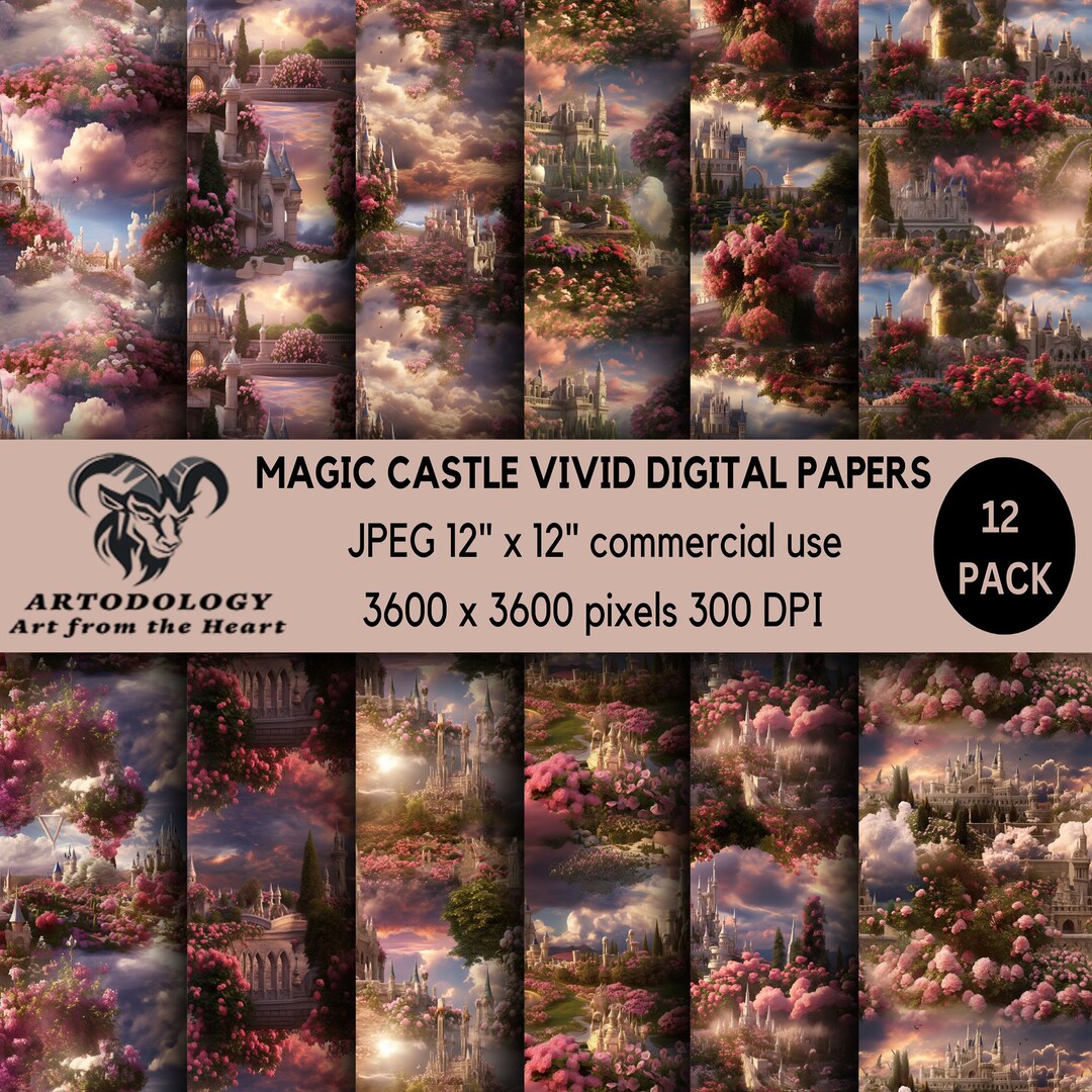 Animated Landscape Digital Paper, Floral Castle Pattern, Vibrant ...