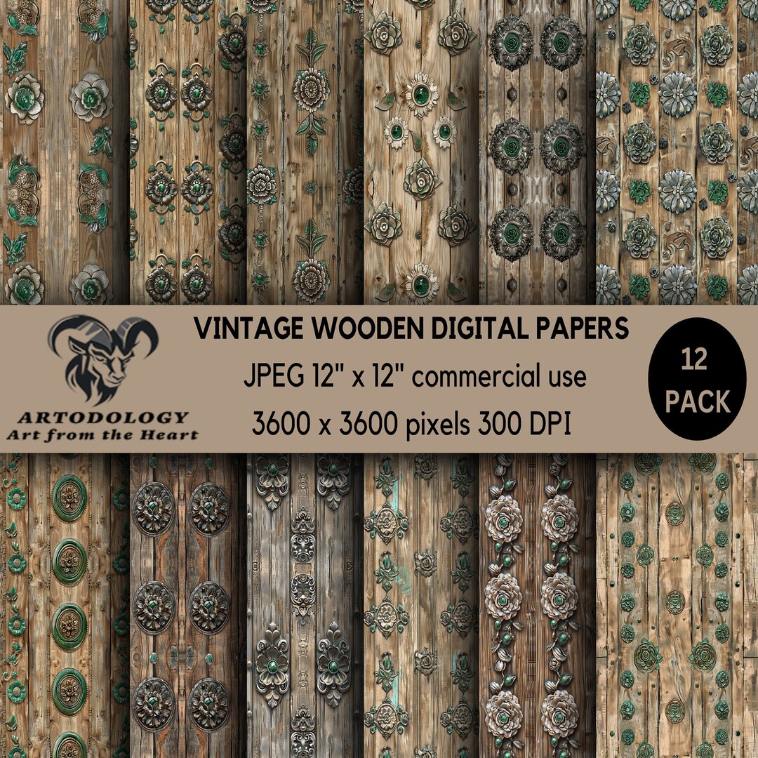 Antique Wooden Digital Paper, Vintage Metal Floral Pattern, Printable ...