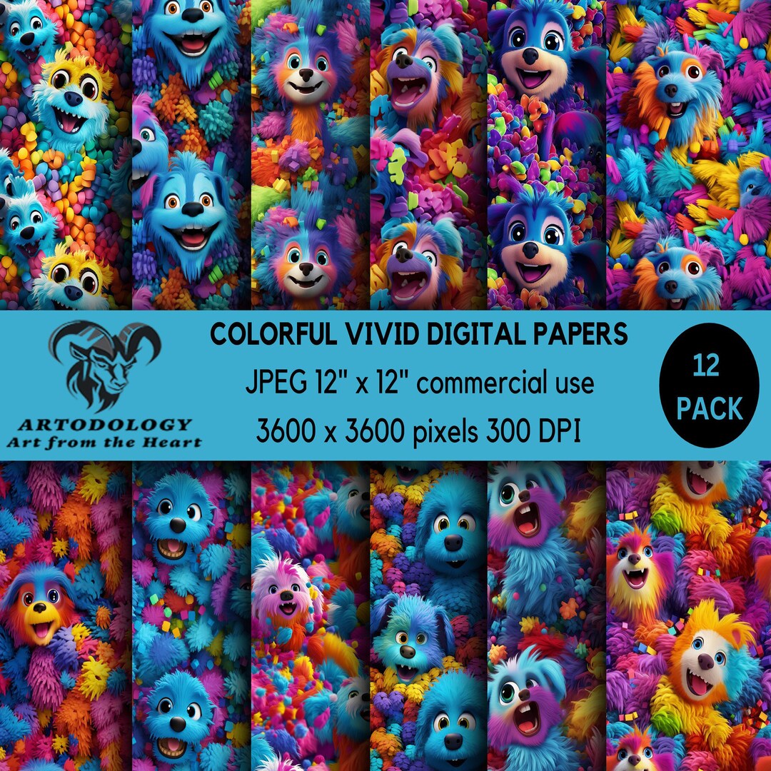 Animated Puppy Digital Paper, Unique Animal Pattern, Vibrant Dog ...