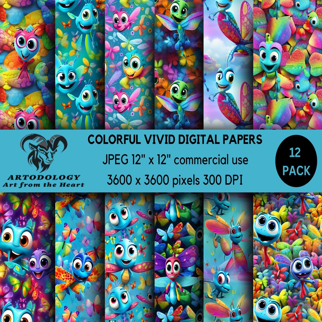 Animated Dragonfly Digital Paper, Unique Animal Pattern, Vibrant ...