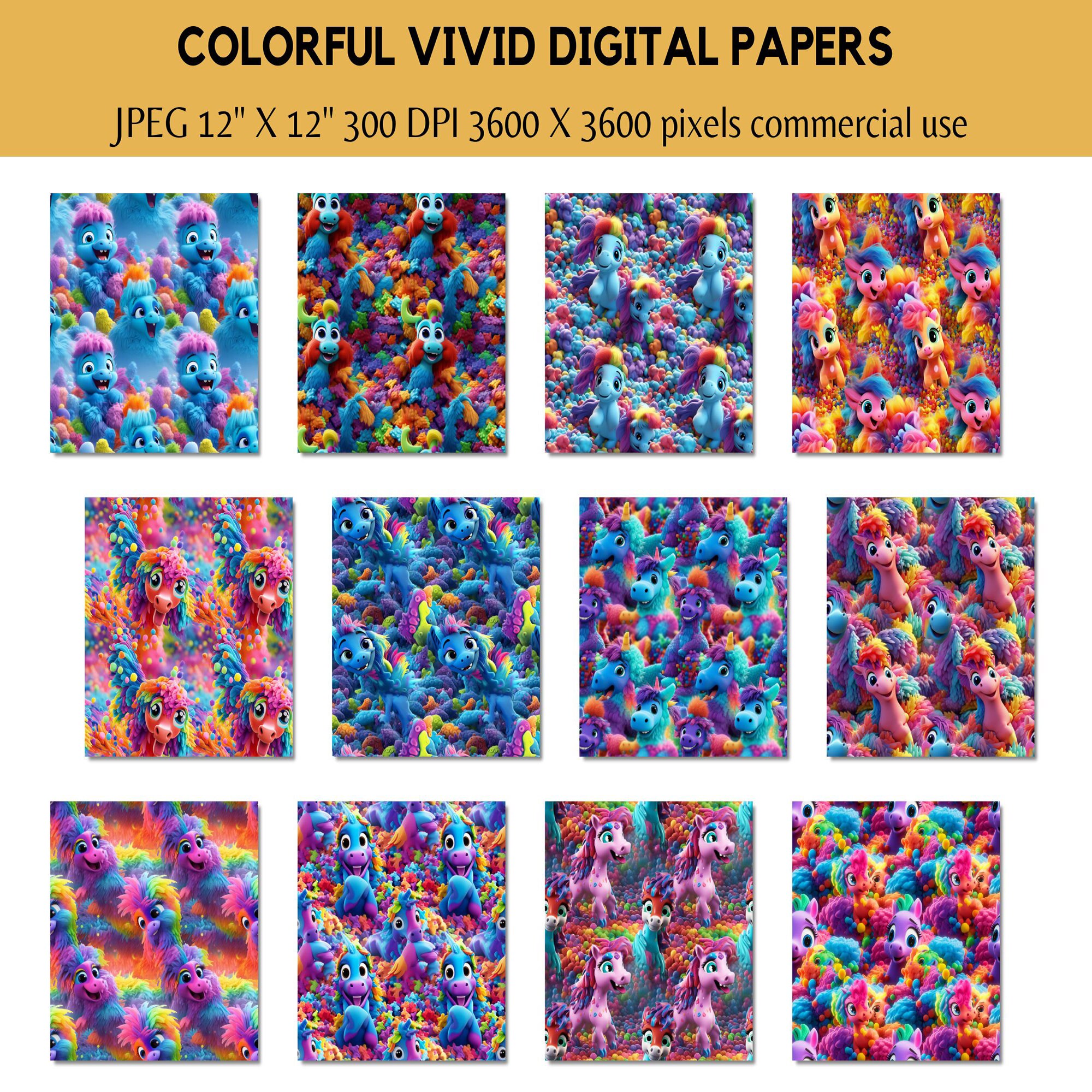 Animated Pony Digital Paper, Unique Animal Pattern, Vibrant Horse ...