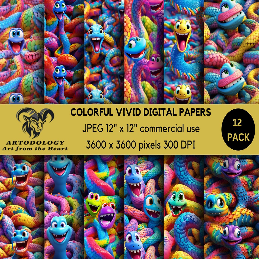 Animated Snake Digital Paper, Unique Animal Pattern, Colorful Animation ...