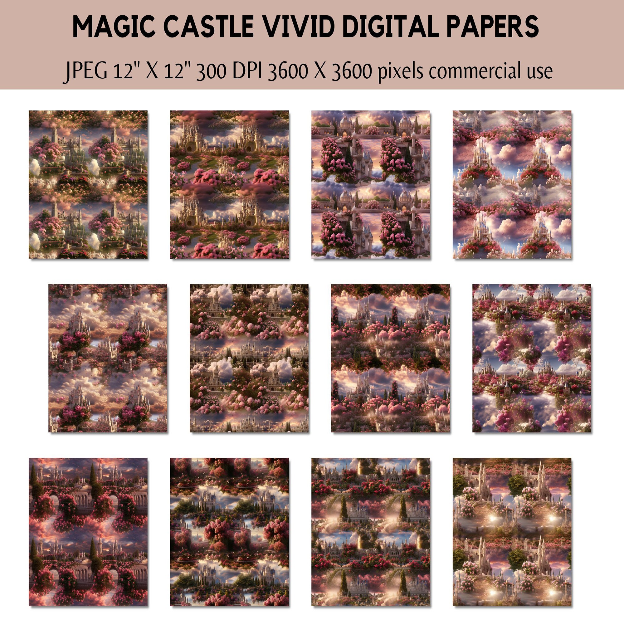 Animated Landscape Digital Paper, Floral Castle Pattern, Vibrant ...