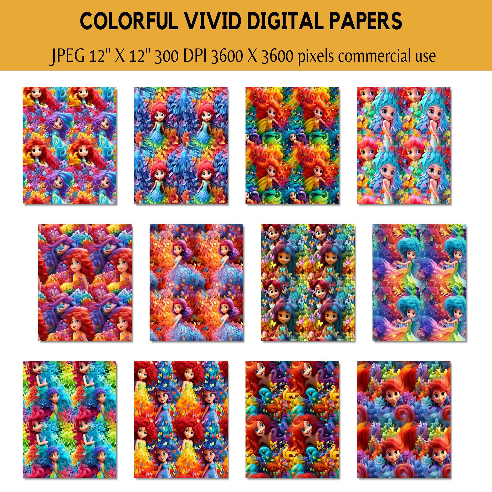Animated Digital Paper, Unique Figurative Pattern, Vivid Princess ...