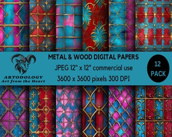 Geometric Digital Paper, Unique Wooden Pattern, Gold Red Printable ...