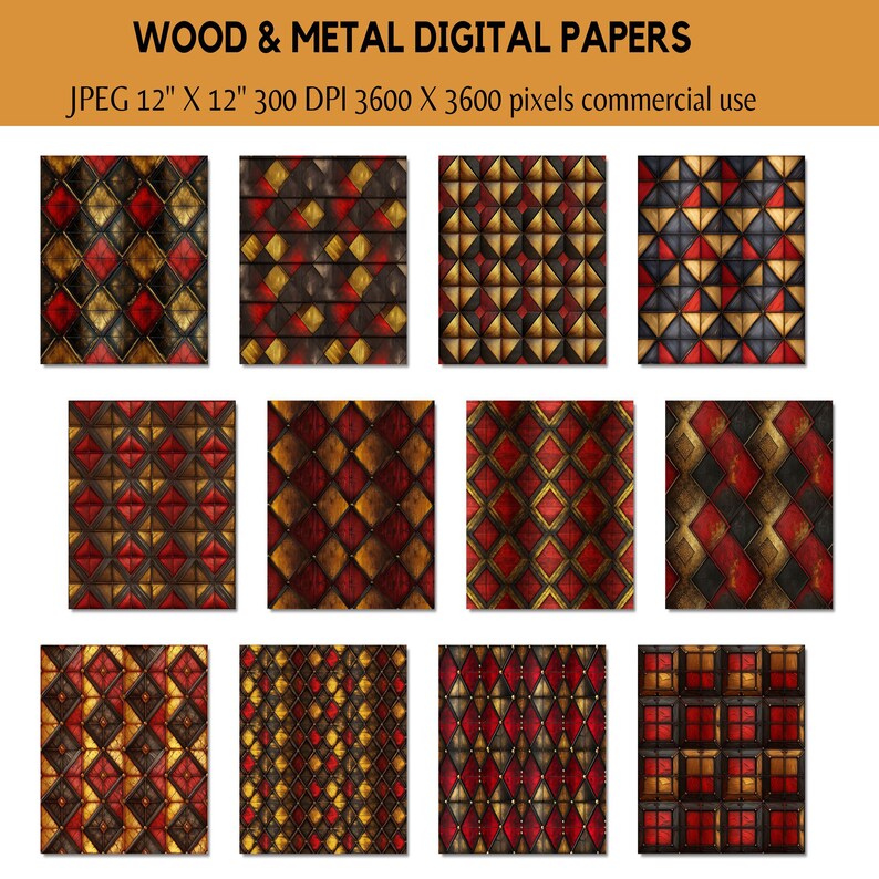 Geometric Digital Paper, Unique Wooden Pattern, Gold Red Printable ...