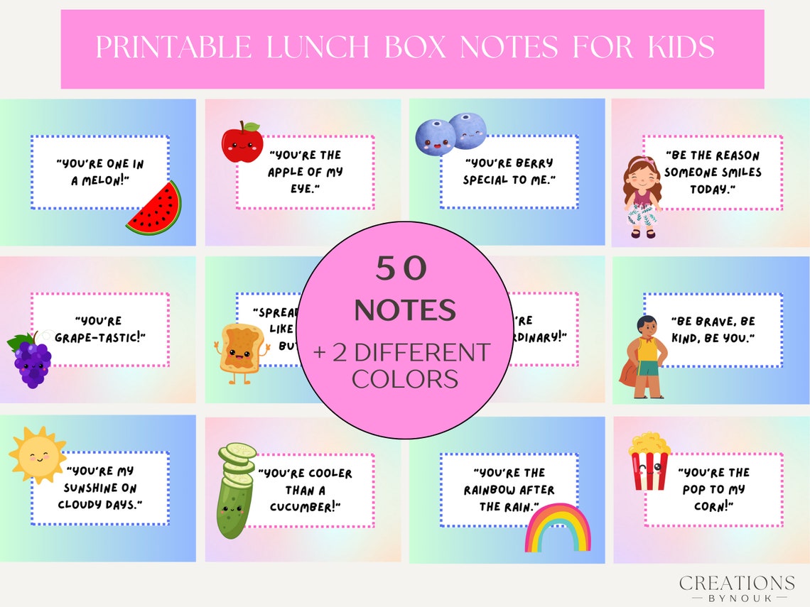 Printable Lunch Box Cards for Kids. 50 Cards With Positive and Sweet ...