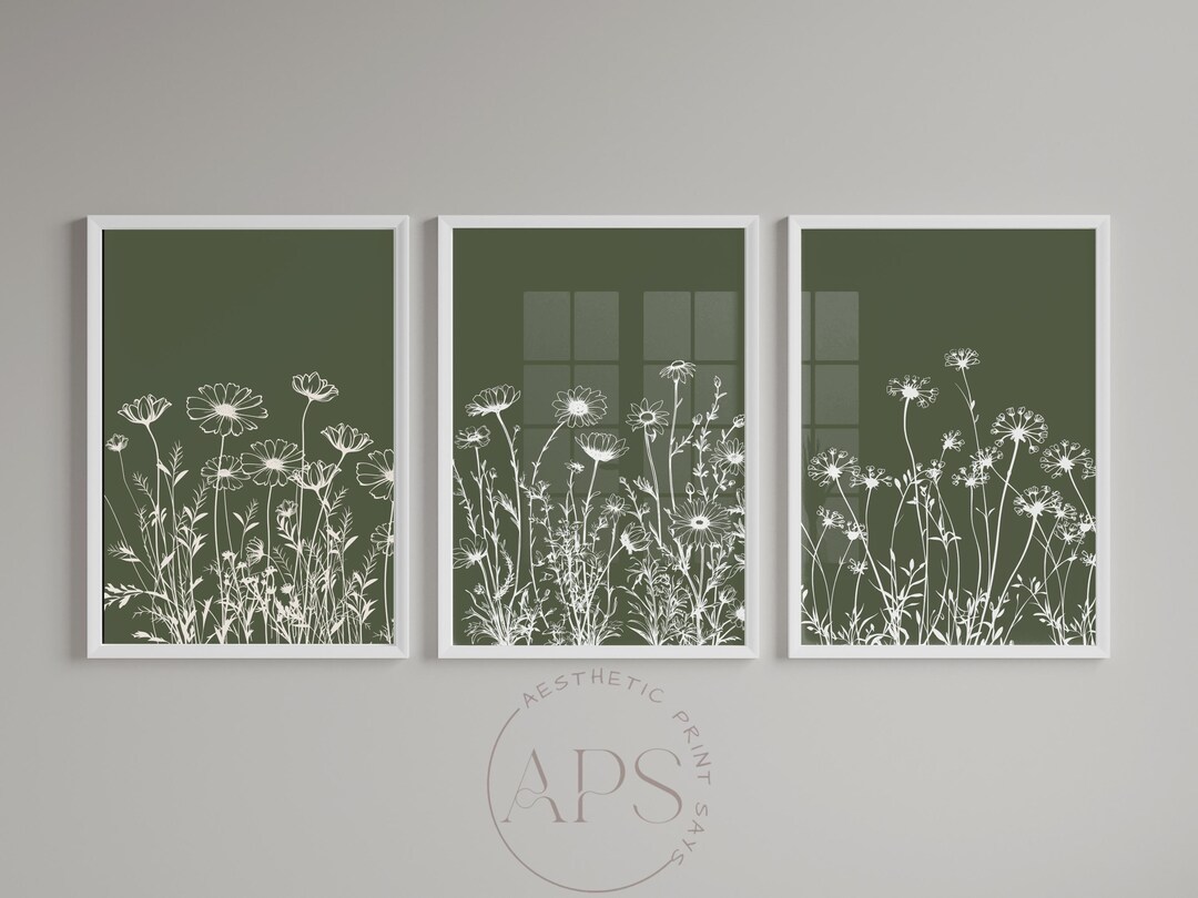 Dark Green Line Flowers Printable Wall Art,green Color Set of 3 Pc ...