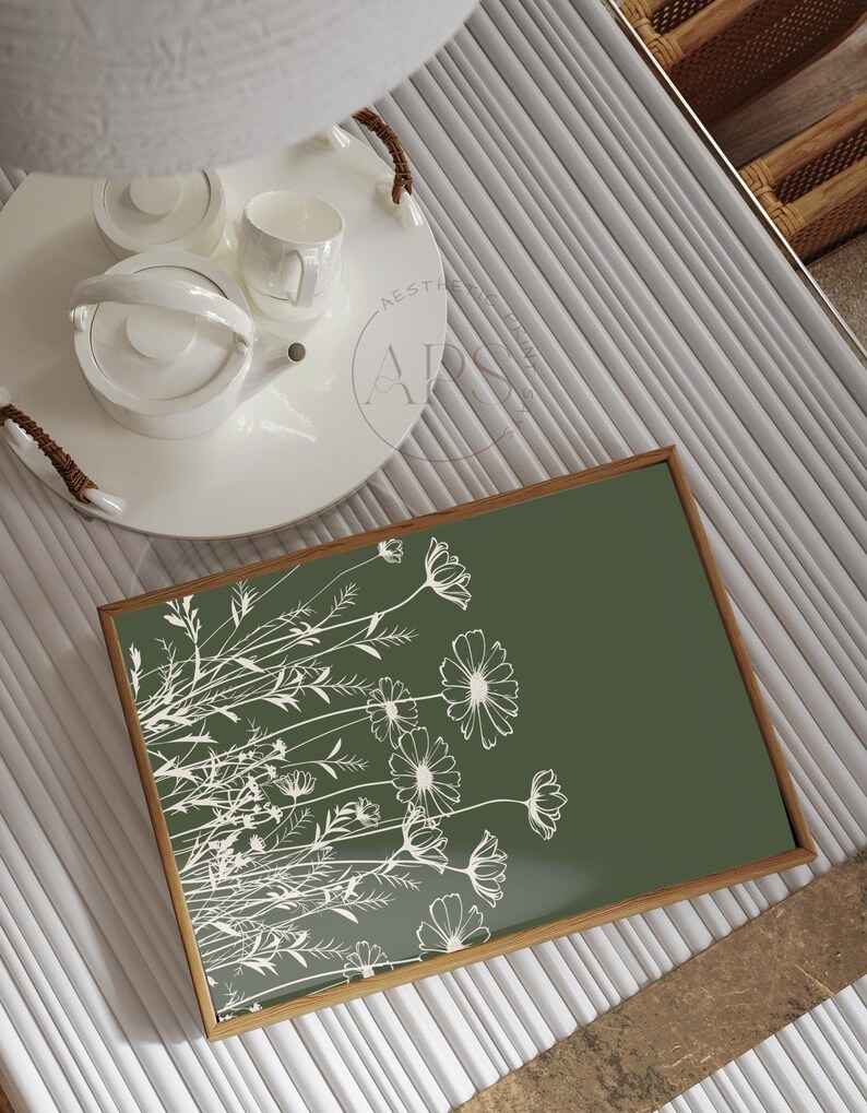 Dark Green Line Flowers Printable Wall Art,green Color Set of 3 Pc ...