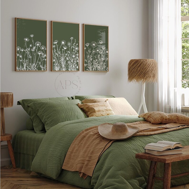 Dark Green Line Flowers Printable Wall Art,green Color Set of 3 Pc ...