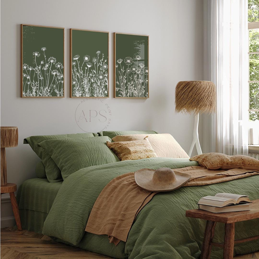 Dark Green Line Flowers Printable Wall Art,green Color Set of 3 Pc ...