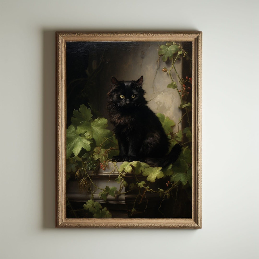 Black Cat, Cottagecore Print, Moody Botanical Wall Art, Goblincore ...