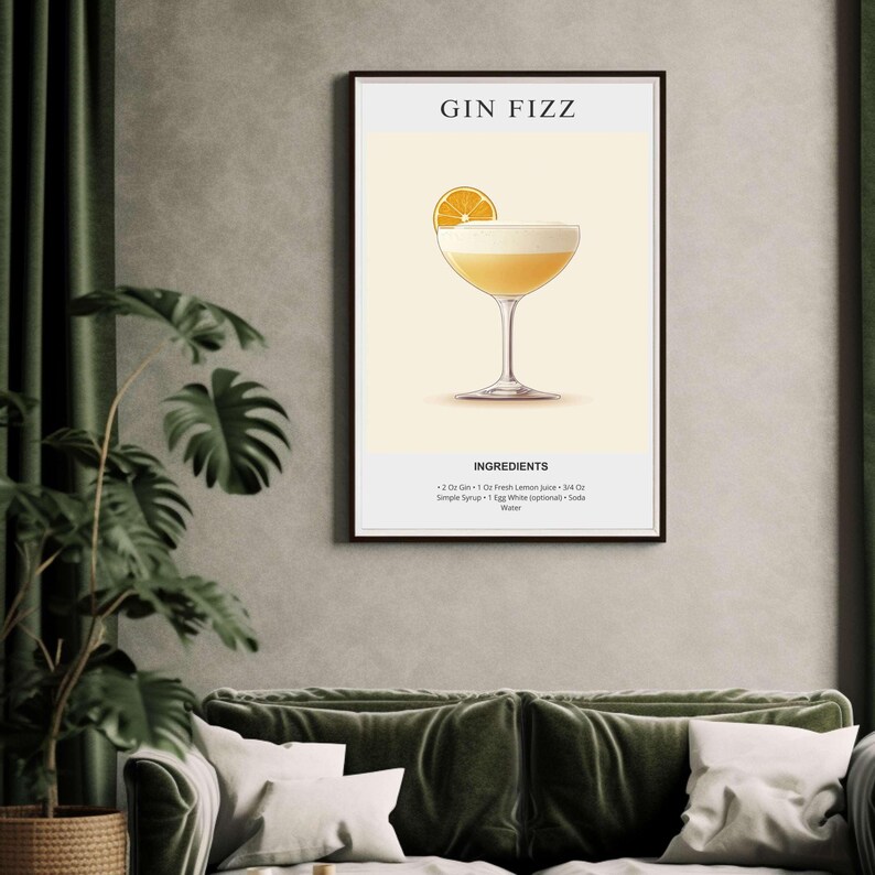 Gin Fizz Art Print | Bar Cart Decor | Cocktail Poster | Signature Drink ...