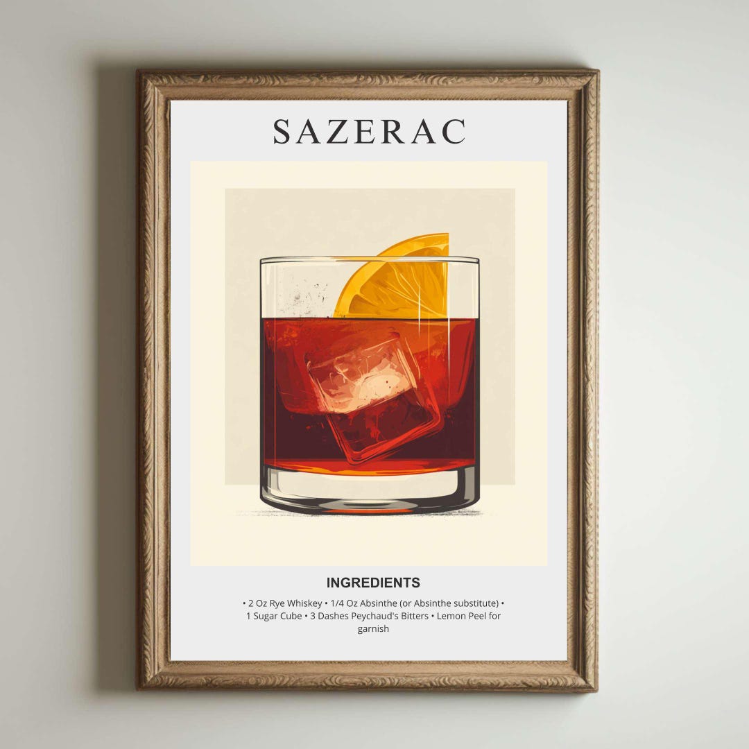 Sazerac Art Print | Bar Cart Decor | Cocktail Poster | Signature Drink ...
