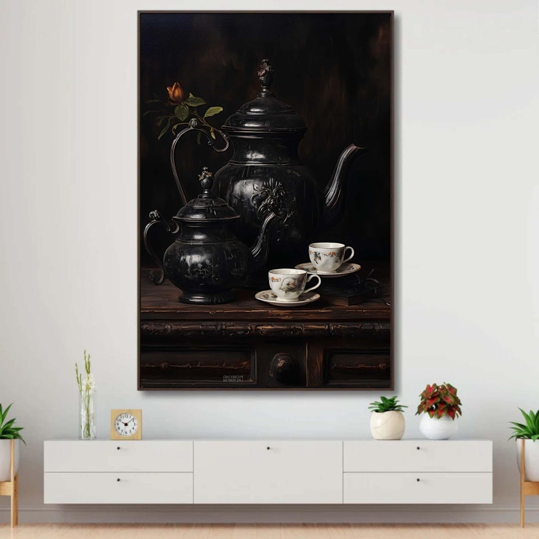Tea Set | Vintage Celestial Wall Art, Moody Oil Painting Print, Dark ...