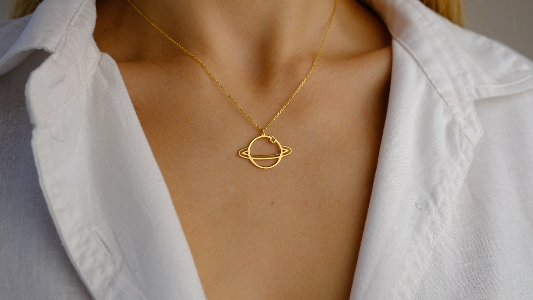 14k Gold Saturn Planet Necklace • Minimalist Celestial Jewelry • Solid ...
