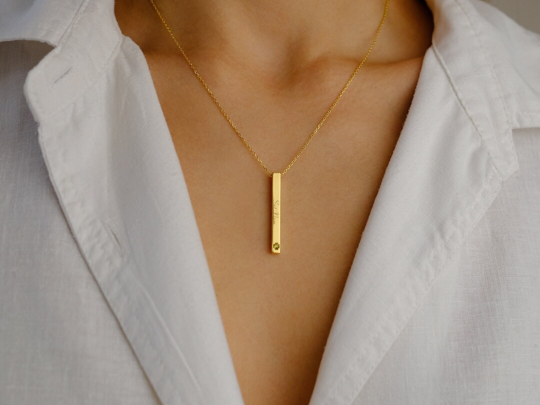 14K Gold Bar Necklace, Gold Vertical Bar With Birthstone Necklace ...
