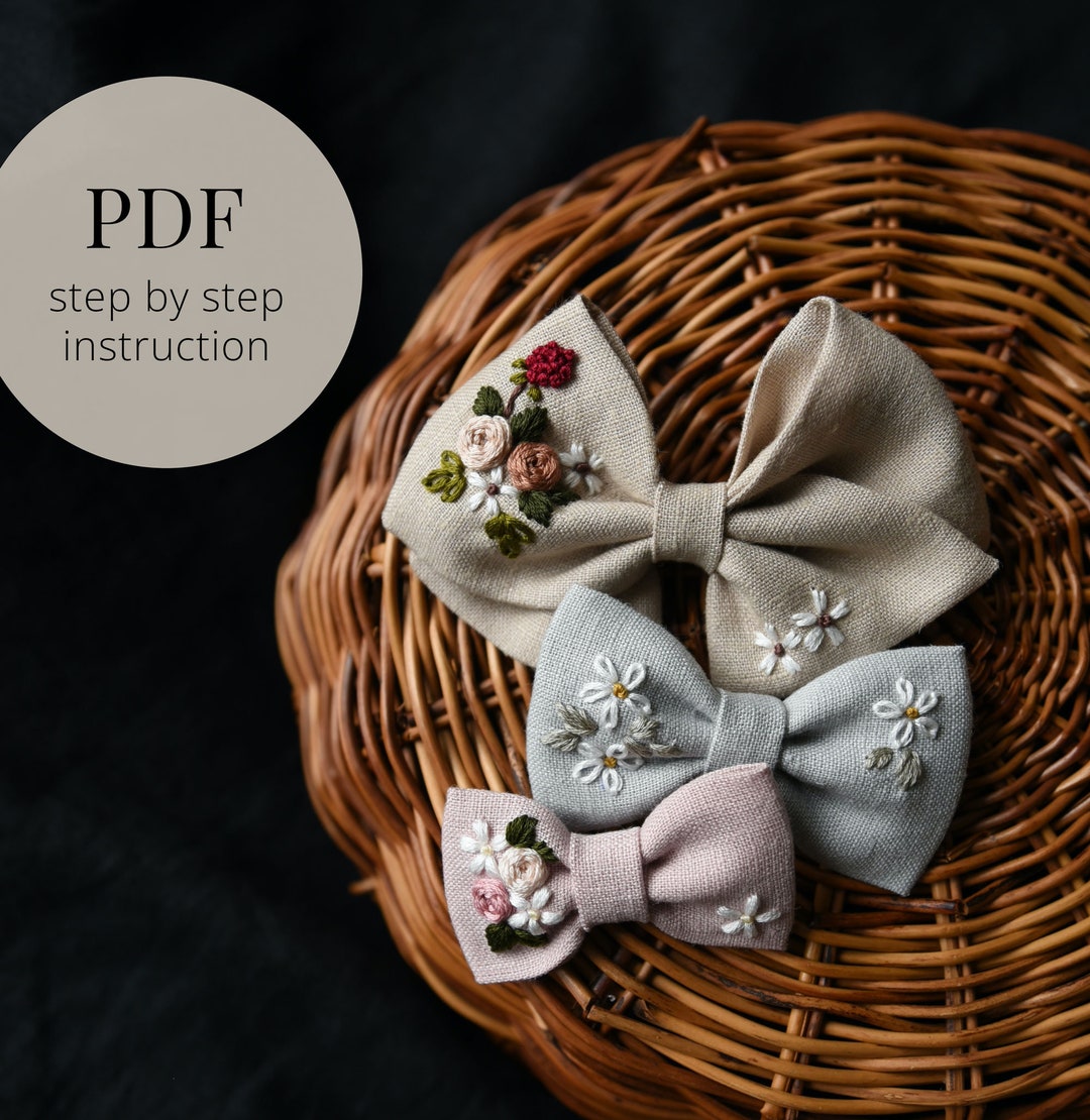 Embroidered Hair Bows PDF Step by Step Tutorial: Floral Design (3 Sizes ...