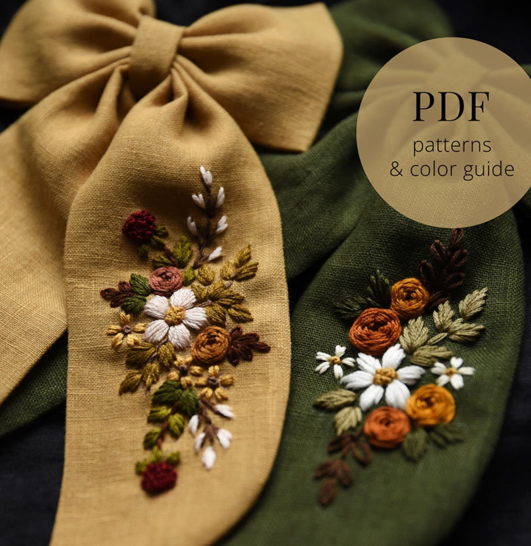 Embroidered Hair Bow PDF Pattern: Autumn Flowers Design (long Tail ...
