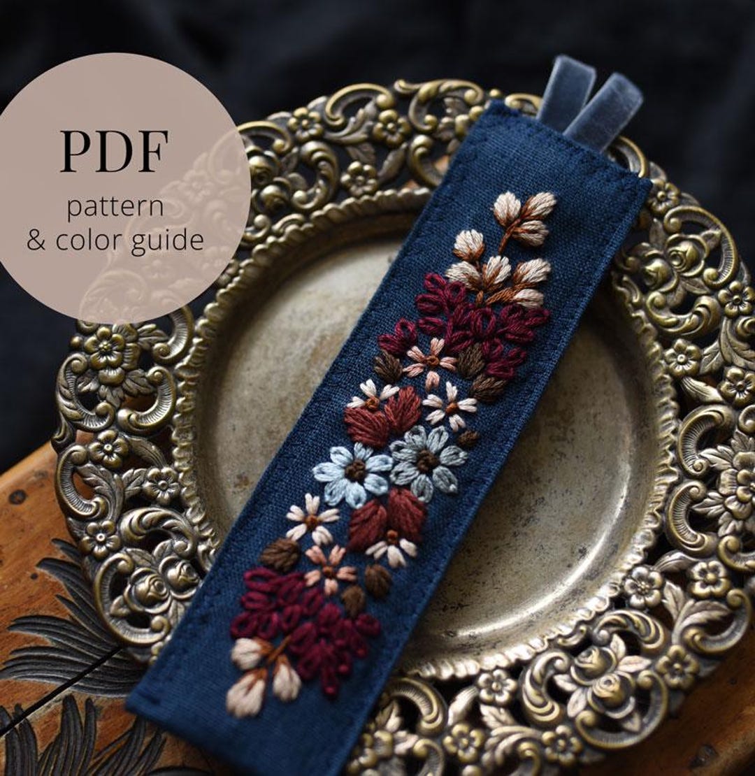 Embroidered Bookmark PDF Pattern: Navy With Blue Flowers (digital ...